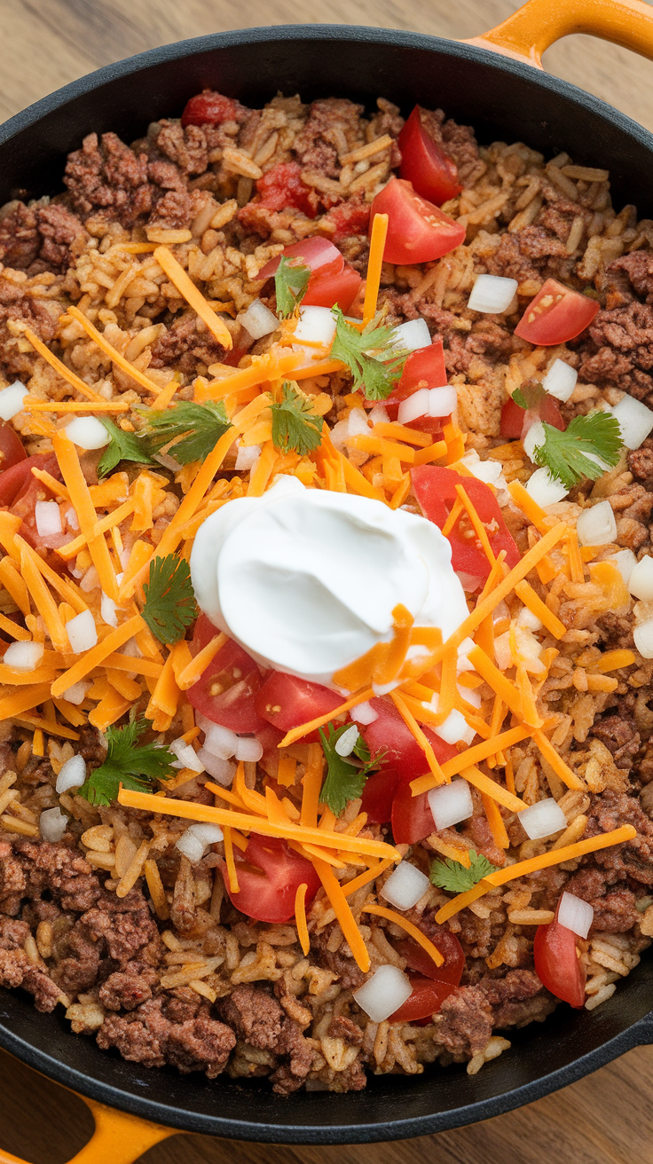 Light and Easy Beef Taco Rice Skillet - Samantha Lila