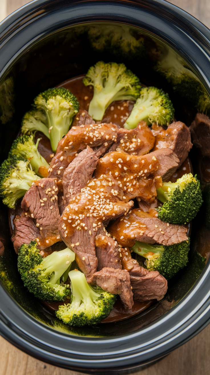 Slow Cooker Ginger Sesame Beef & Broccoli Recipe - Samantha Lila